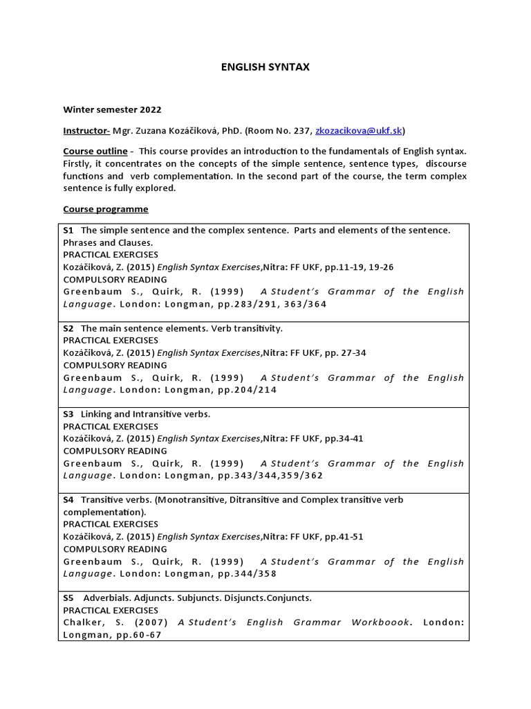 Syntax Syllabus Winter 22 | PDF | Clause | Syntax