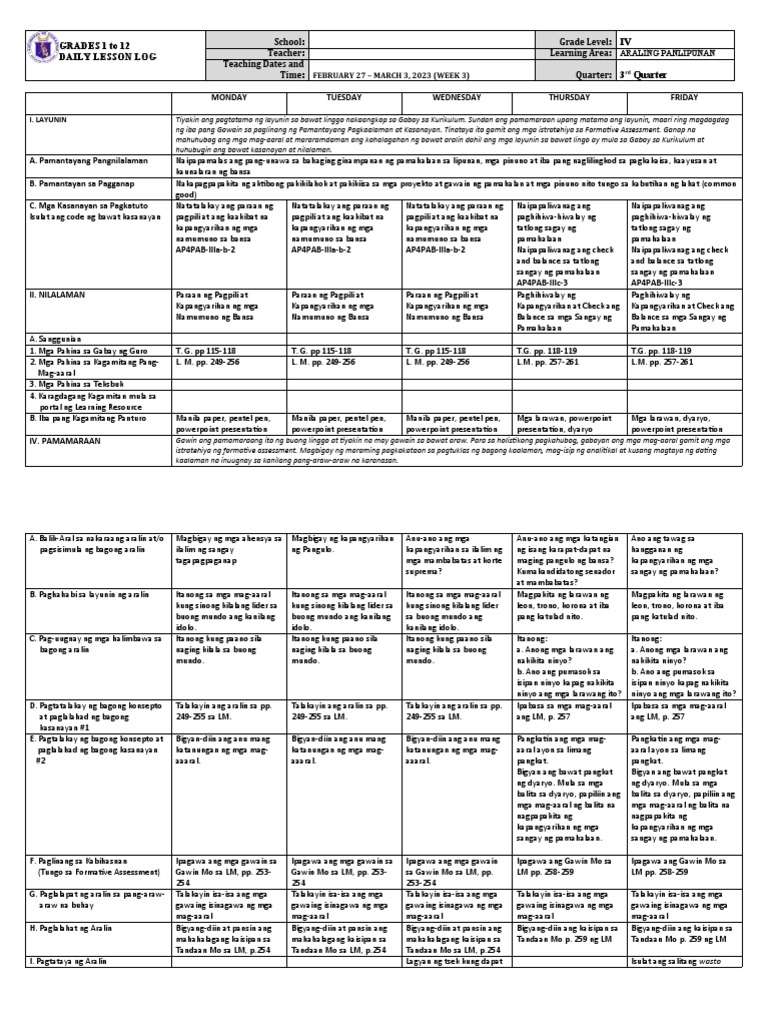 Grade 4 DLL Araling Panlipunan 4 Q3 Week 3-1 | PDF
