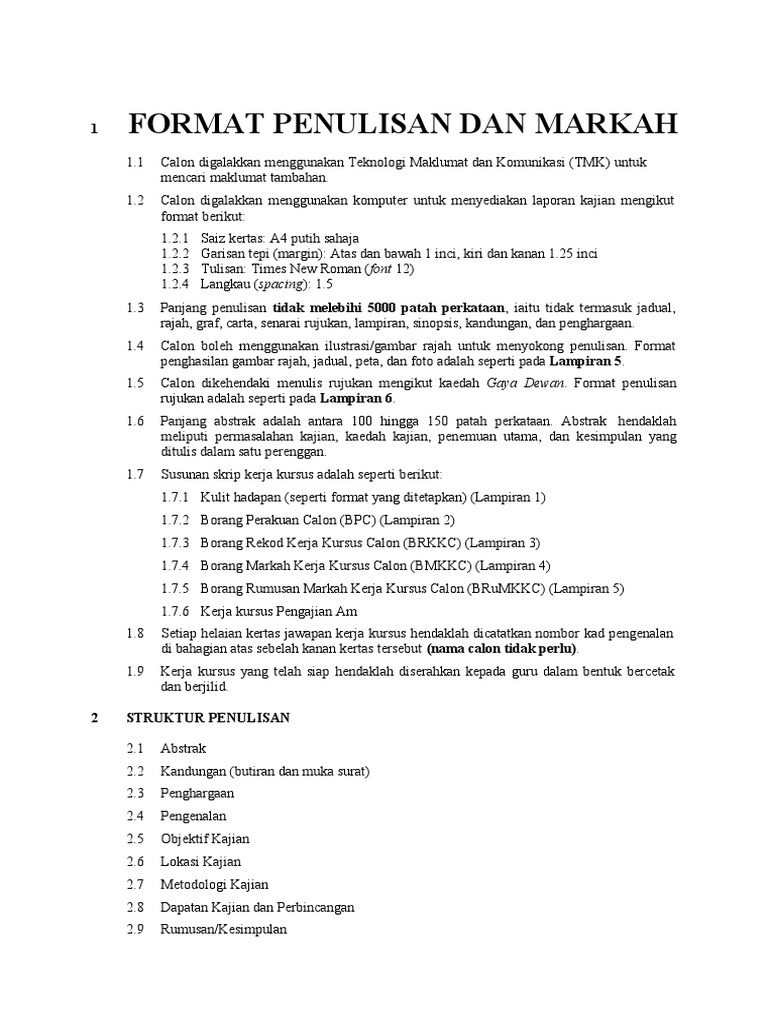 Format Penulisan Dan Markah KK Pam | PDF