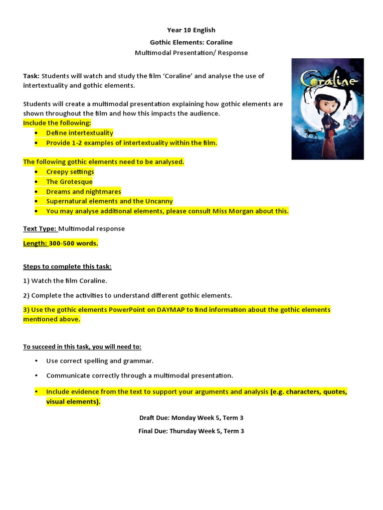 Year 10 English Gothic Elements: Coraline: To Succeed in This Task, You ...