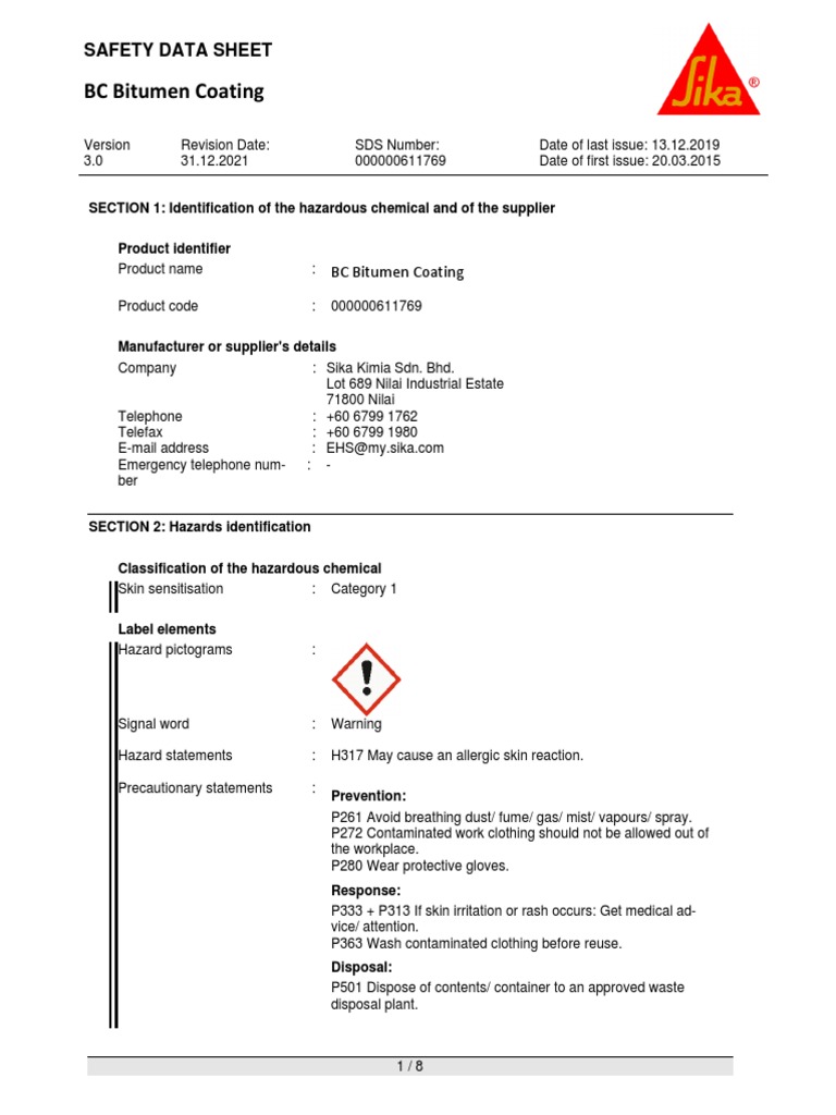 BC Bitumen Coating Safety Data Sheet | PDF | Dangerous Goods | Toxicity