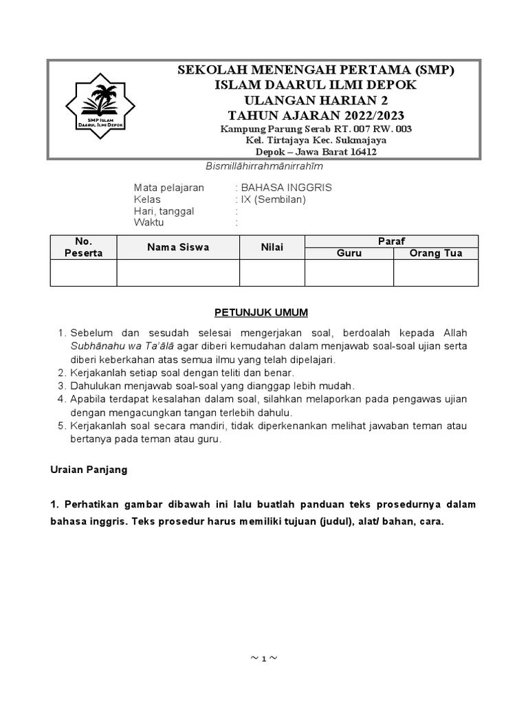 Contoh Format Soal UH 2 SMP | PDF