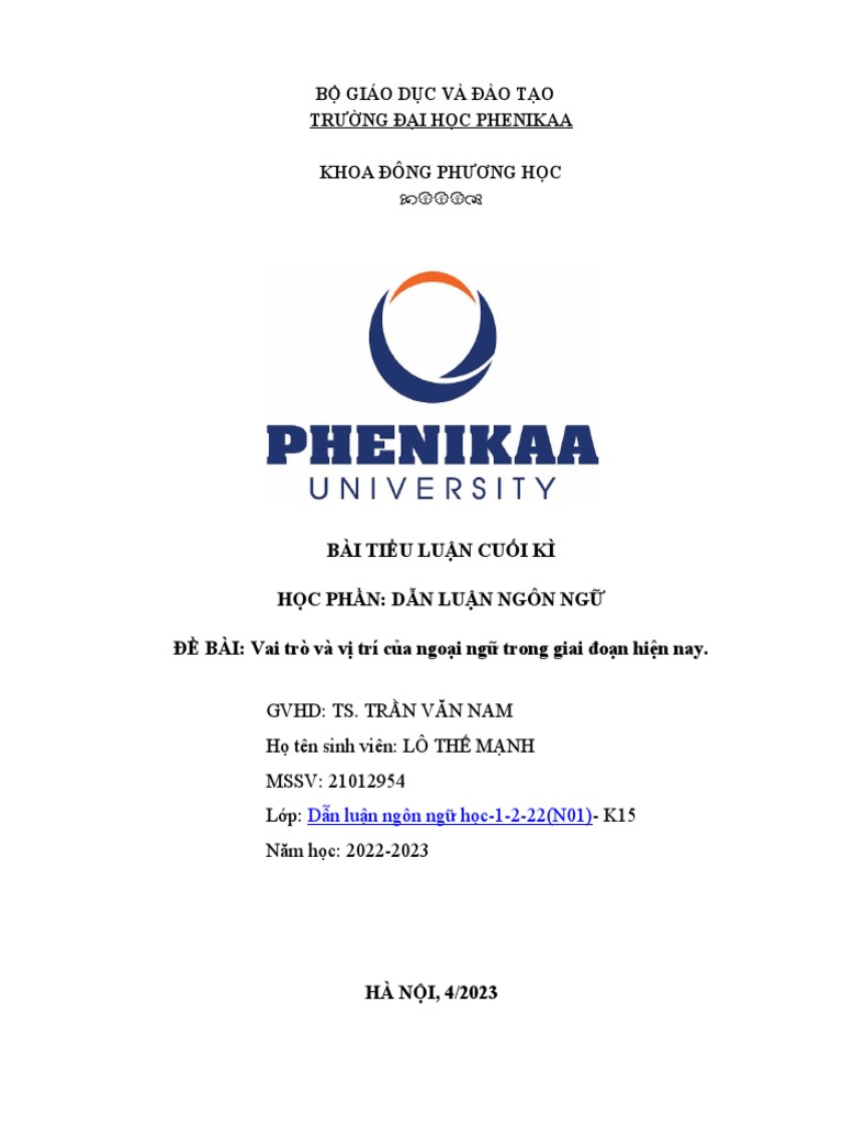 LÔ THẾ MẠNH-21012954-BÀI KẾT THÚC HỌC PHẦN MÔN DẪN LUẬN NGÔN NGỮ (N01) - K15 | PDF