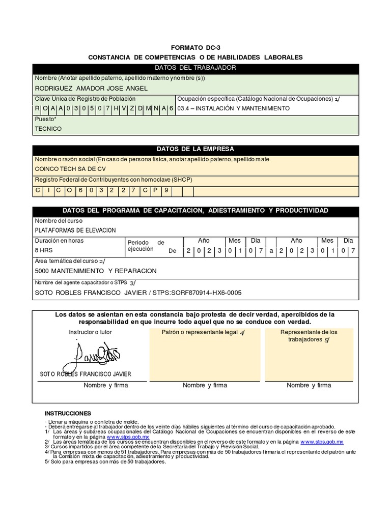 Formato Dc-3 Constancia de Competencias O de Habilidades Laborales | PDF