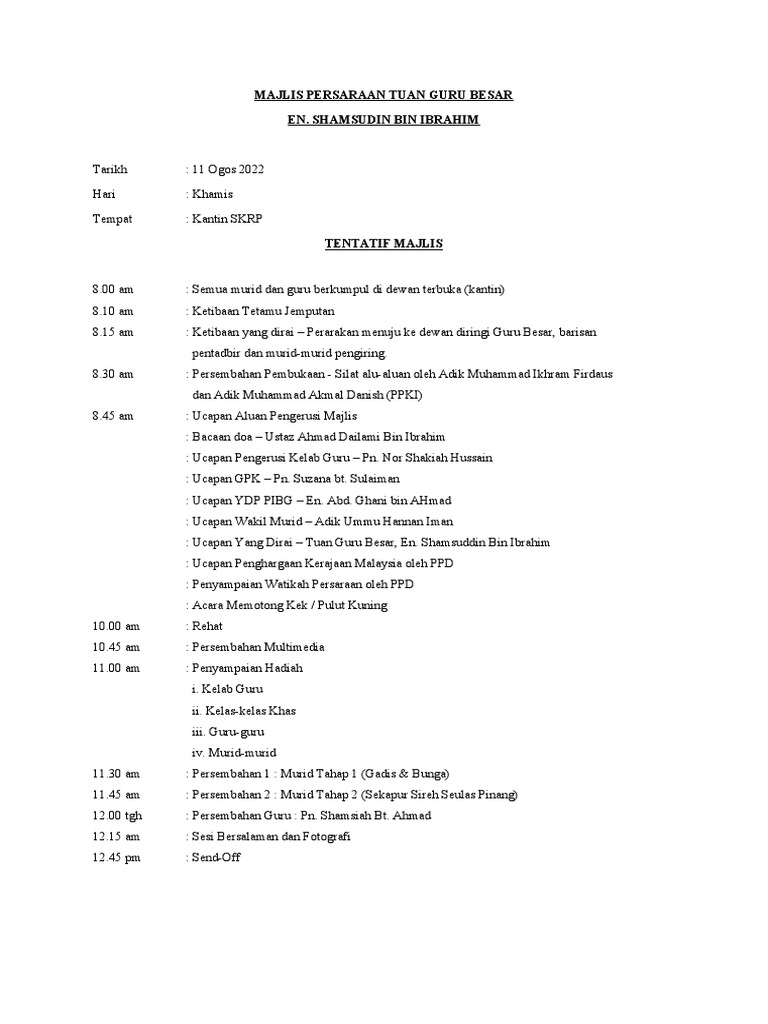 Tentatif Majlis Persaraan Tuan Guru Besar | PDF