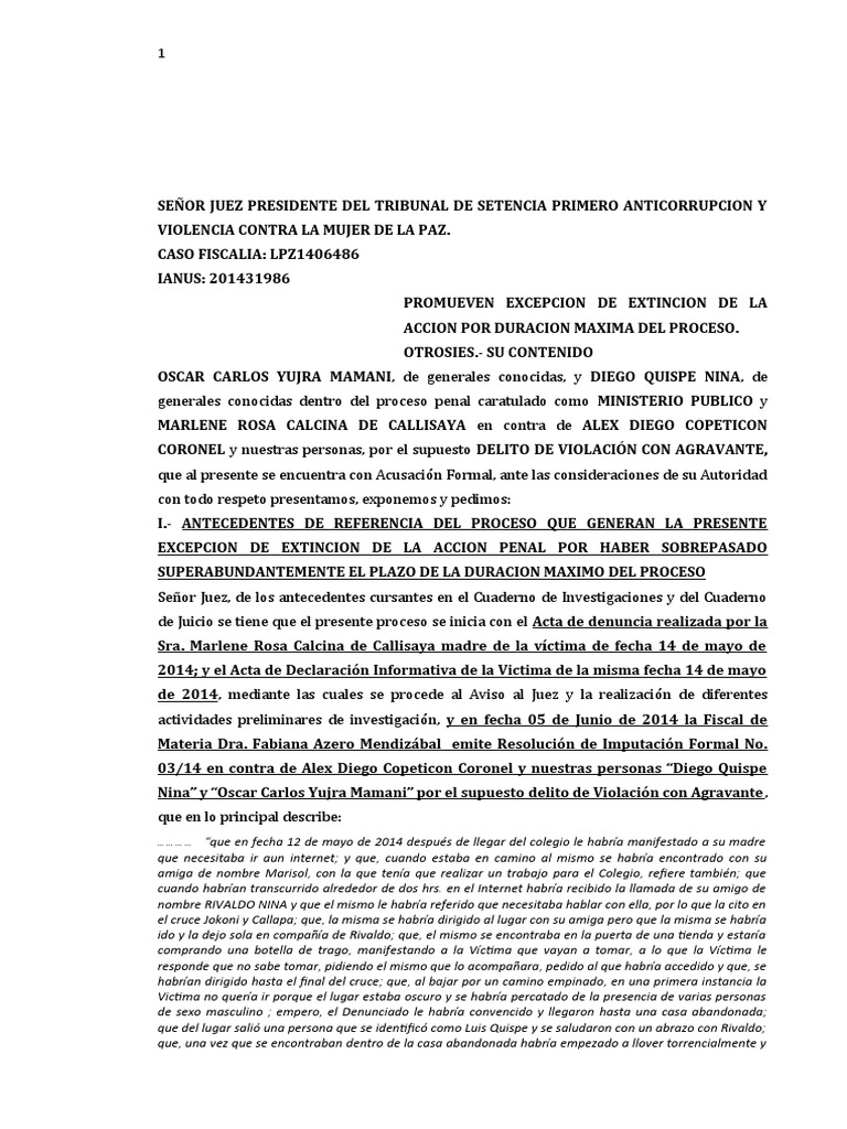 Excepcion de Extincion Yujra y Quispe | PDF | Sentencia (ley) | Mandato Excepcion de Extincion Yujra y Quispe | PDF | Sentencia (ley) | Mandato