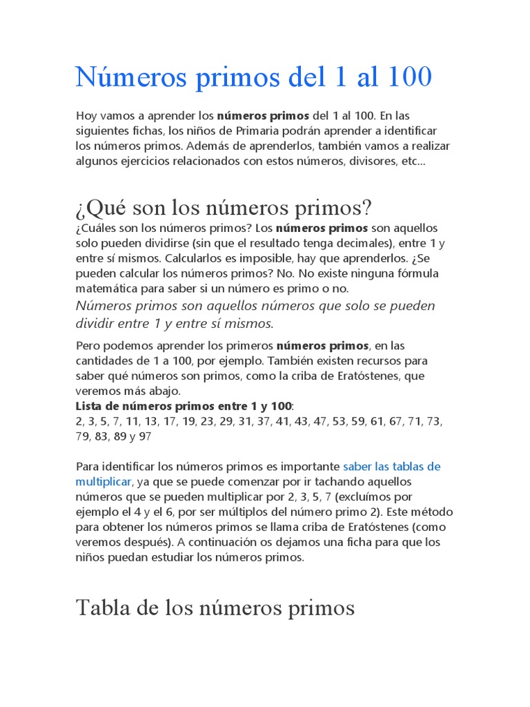 Números Primos del 1 al 100 | PDF | Número primo | Matemáticas