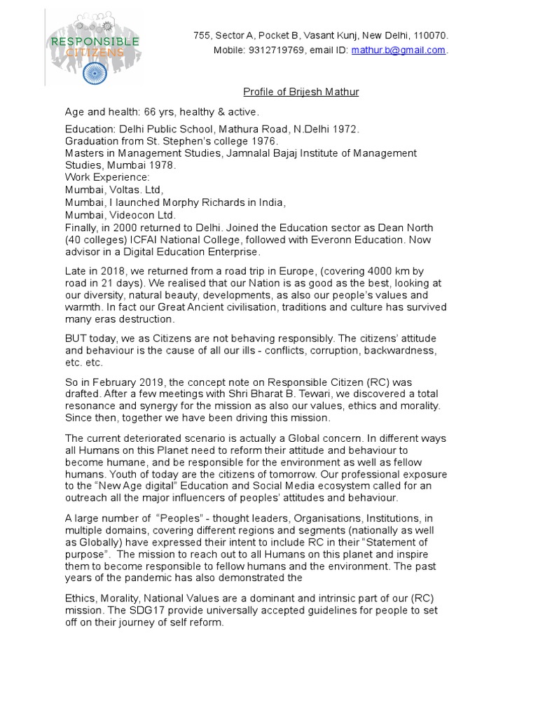 Responsible Citizen Co Founder Profile | PDF | Applied Ethics | Social ...