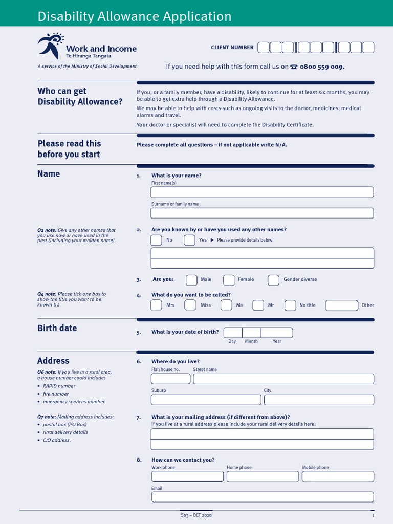 Disability Allowance Application For Existing Clients | PDF ...