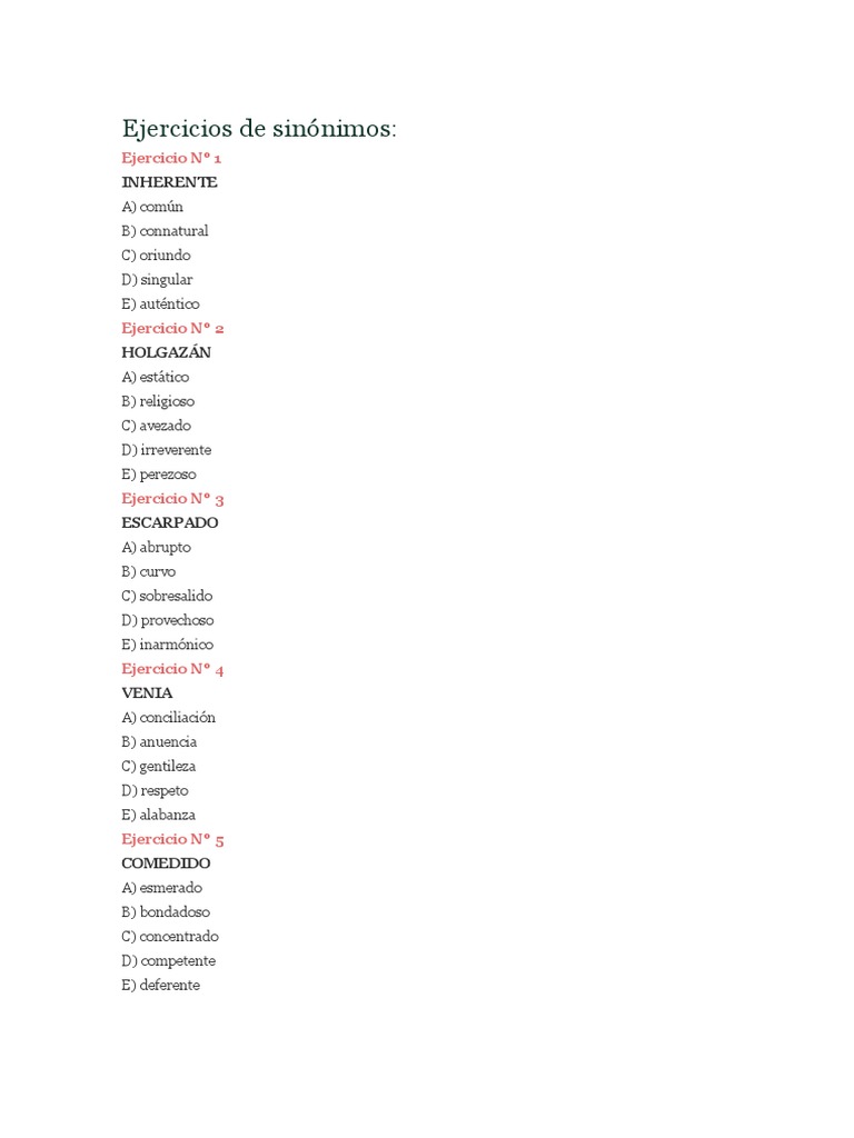 Ejercicios de Sinónimos:: Ejercicio #1 | PDF