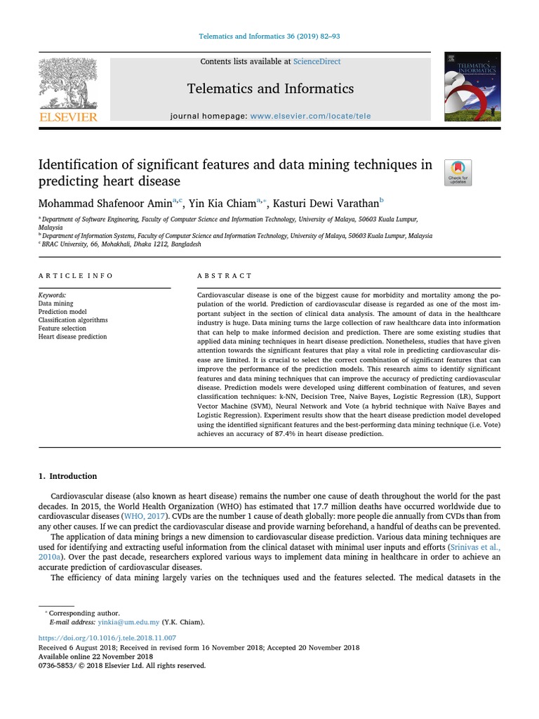 Q1 Identification Of Significant Features And Data Mining Techniques In Predicting Heart