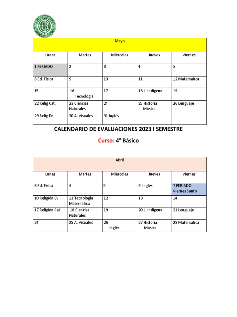 Calendario de evaluaciones 4° básico (Primer semestre 2023) | PDF