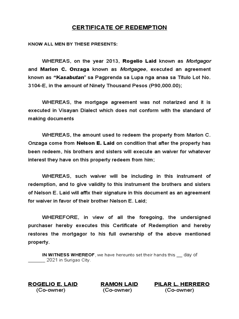 Certificate of Redemption: Know All Men by These Presents | PDF ...