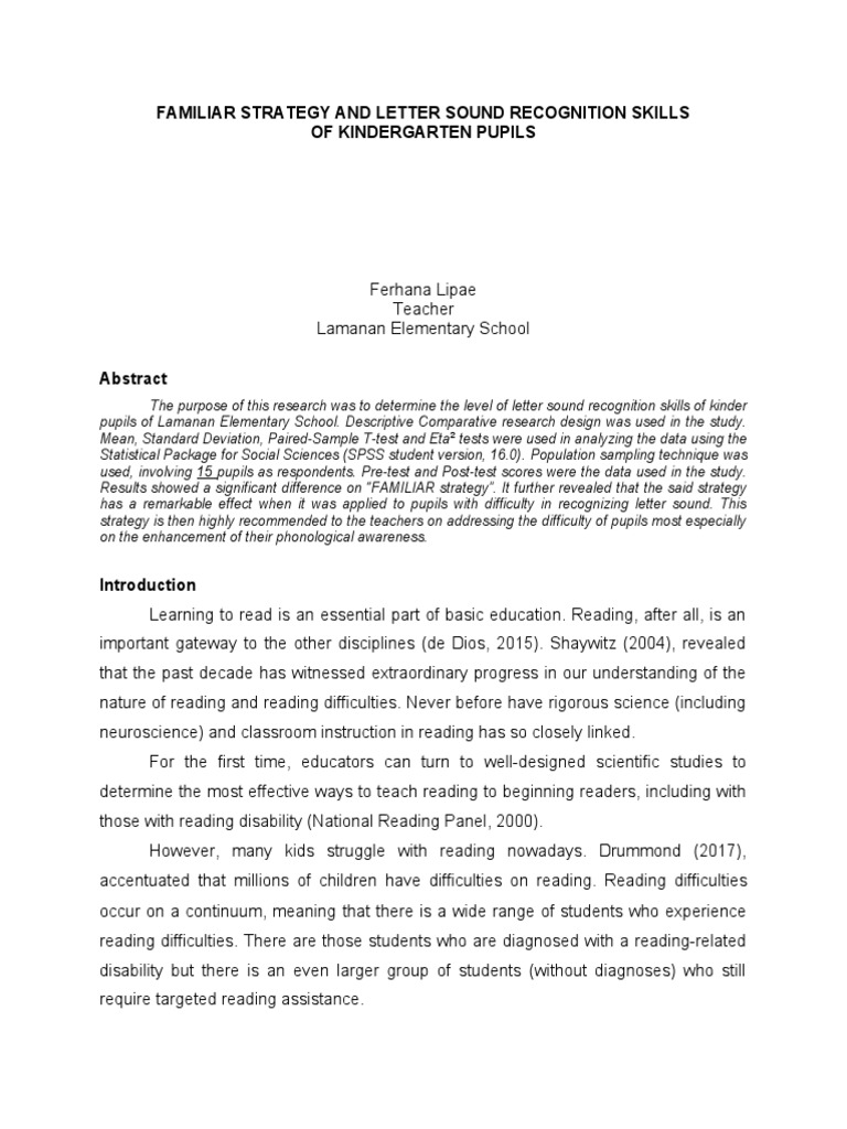 The Effectiveness of the FAMILIAR Strategy in Enhancing Kindergarten Pupils' Letter Sound ...