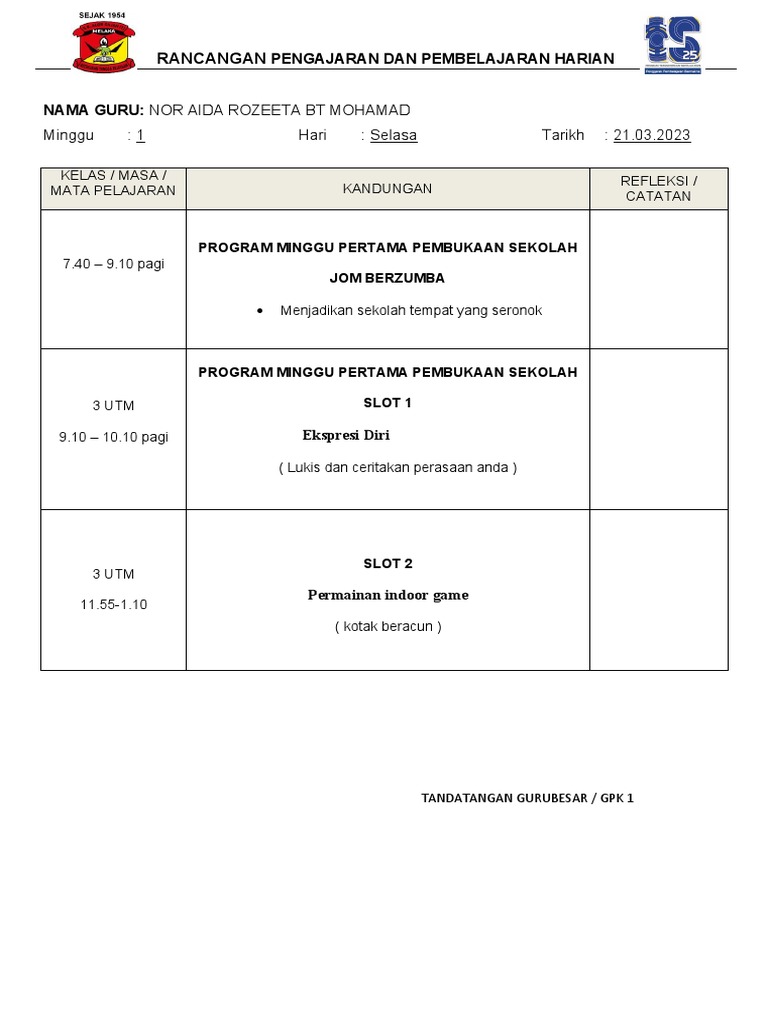CONTOH PENULISAN RPH MINGGU PERTAMA 2023 | PDF