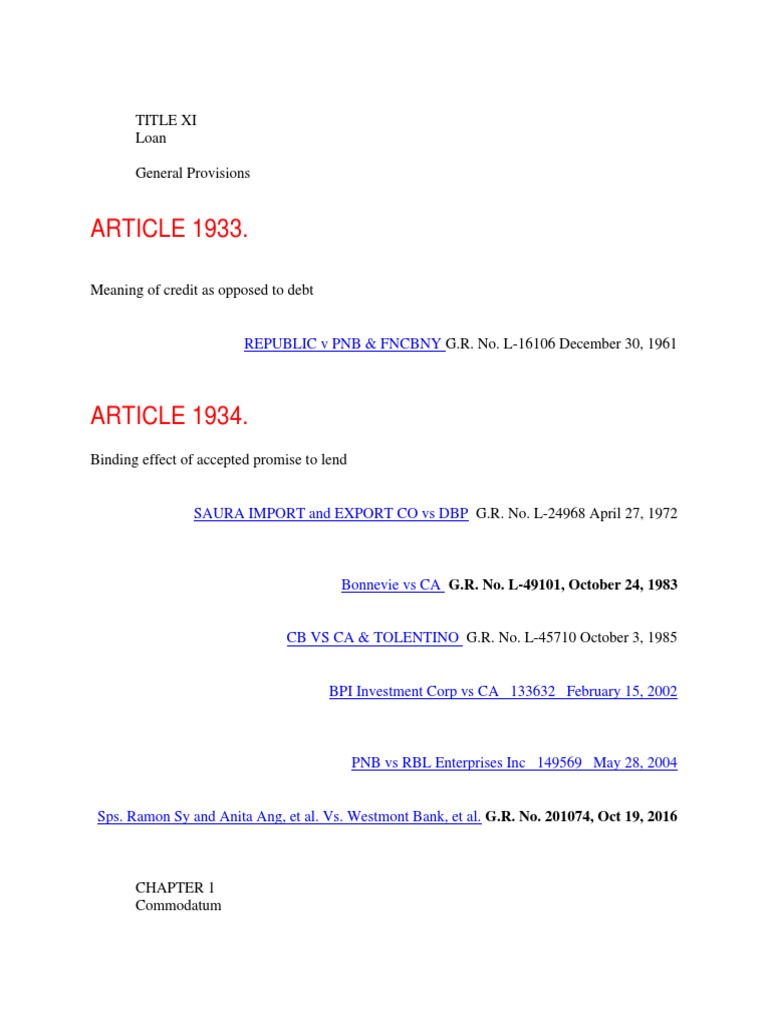 Credit Transactions Law Arts 1933 1961 Civil Code Usury Law Cases To ...