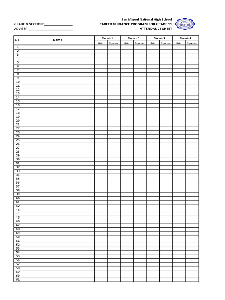 Career Guidance Program For Grade 11 Attendance Sheet Name: Date ...