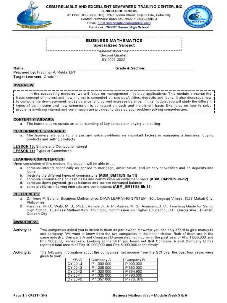 Final Copy Busi. Math Module Week 5-6 1st Sem SY 2021-2022 | Download Free PDF | Interest ...