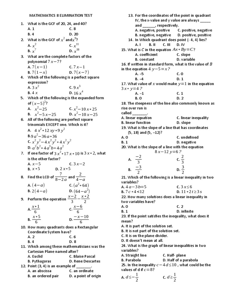 Mathematics 8 Elimination Test Guide | PDF | Equations | Cartesian ...