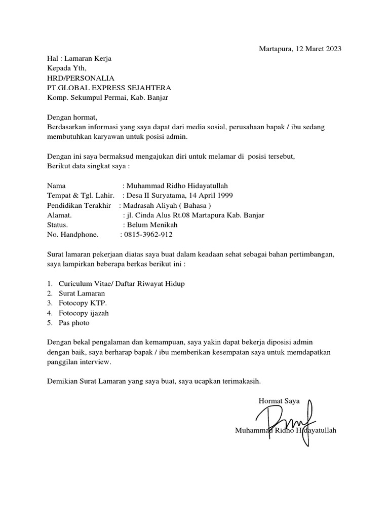 Contoh Lamaran Admin | PDF