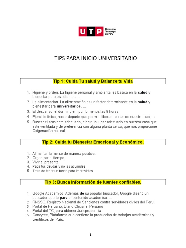 Tips para Inicio Universitario | PDF