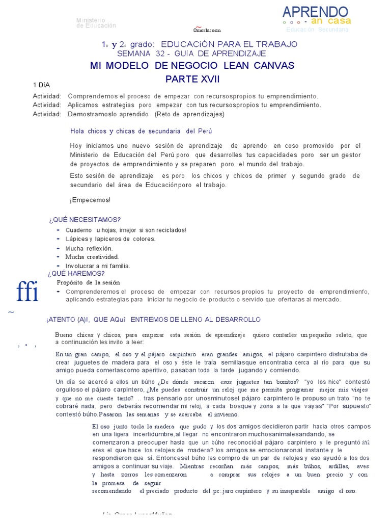 Semana 32 - 1° y 2° EPT - Guías de Aprendizaje - Mi Modelo de Negocio Lean Canvas XVII | PDF ...