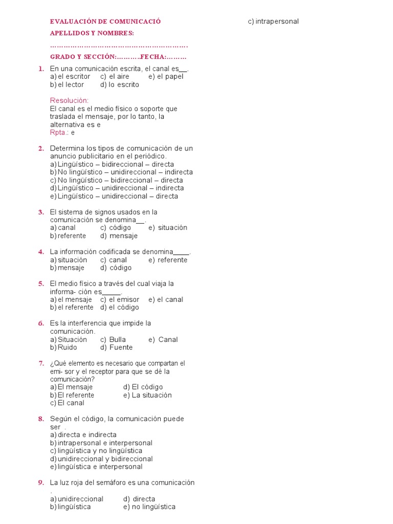 Evaluación De Comunicación Unidireccional Pdf Comunicación Cognición