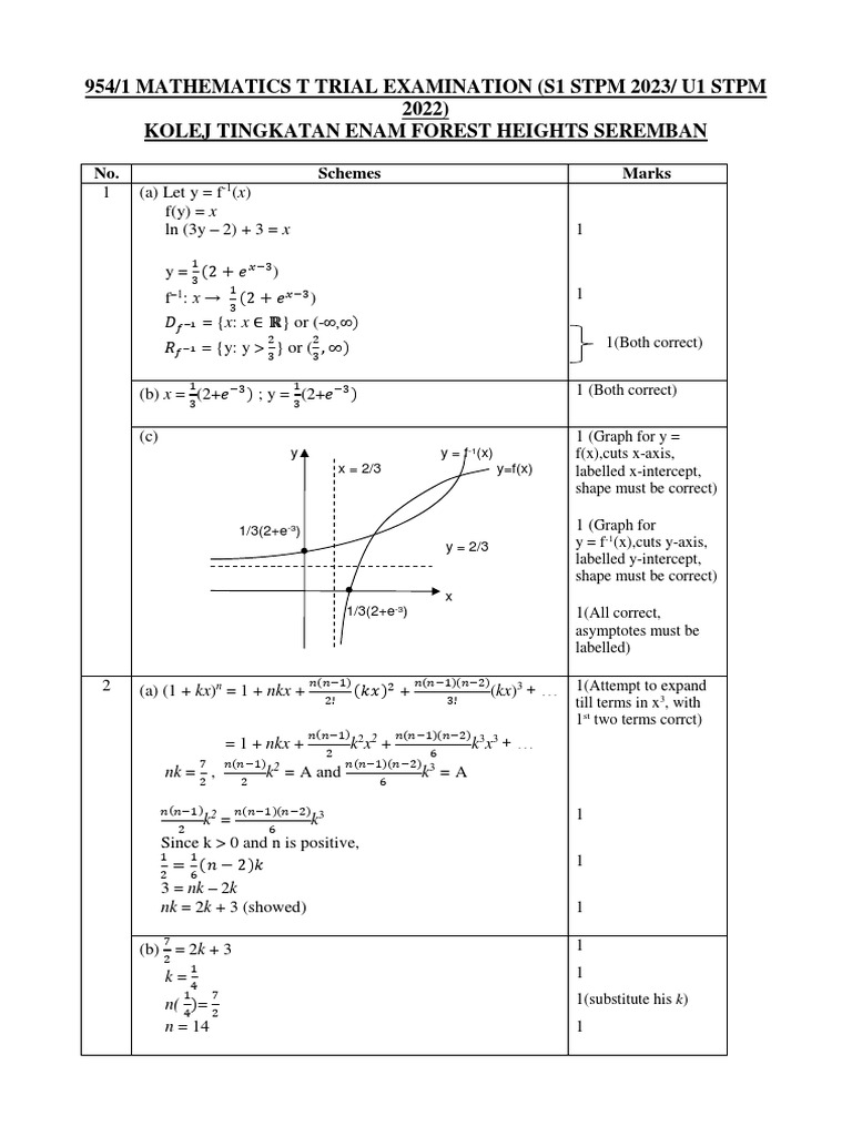 954/1 Mathematics T Trial Examination (S1 STPM 2023/ U1 STPM 2022 ...