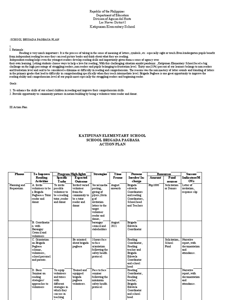 Action Plan For School Brigada Pagbasa | PDF | Reading Comprehension ...