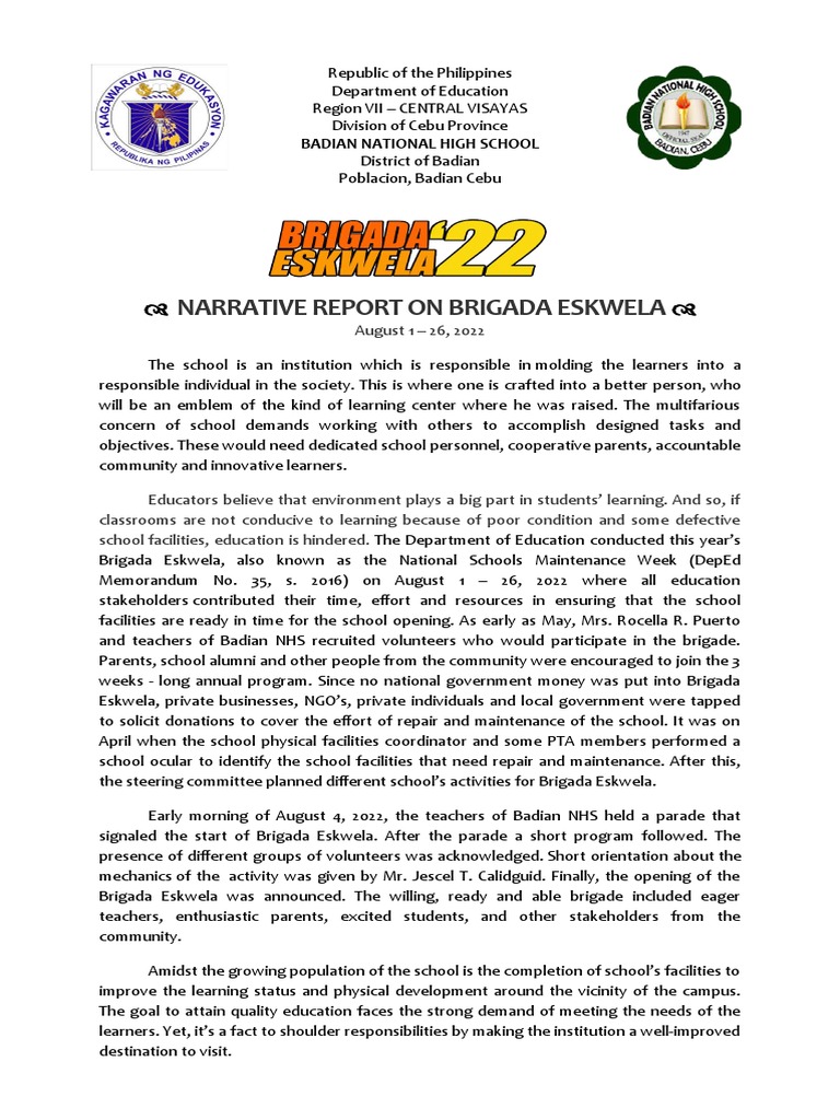 Brigada Eskwela 2022 School Kick Off Narative Report | PDF | Teachers