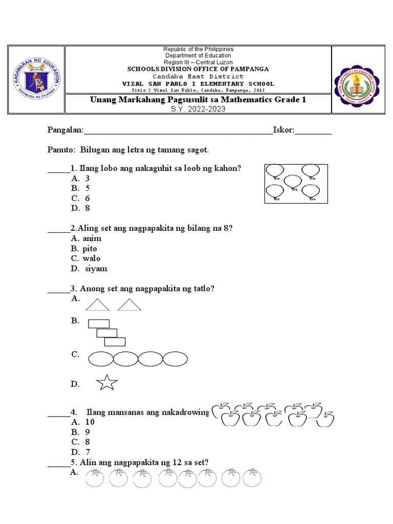 Grade 1 - Mathematics - 1ST PERIODICAL TEST 2018 TAGALOG | PDF