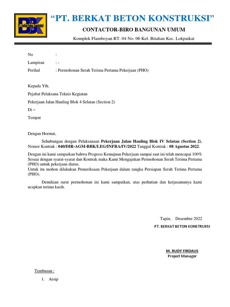 Surat Permohonan Pho Pt Bbk Pdf