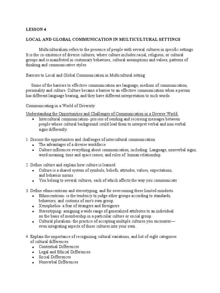 LESSON 4 Local & Global Communication in Multicultural Settings | PDF | Communication | Cross ...