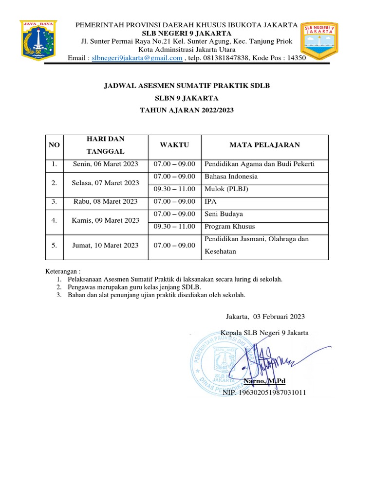 Jadwal Ujian Praktik US SDLB 2023 | PDF