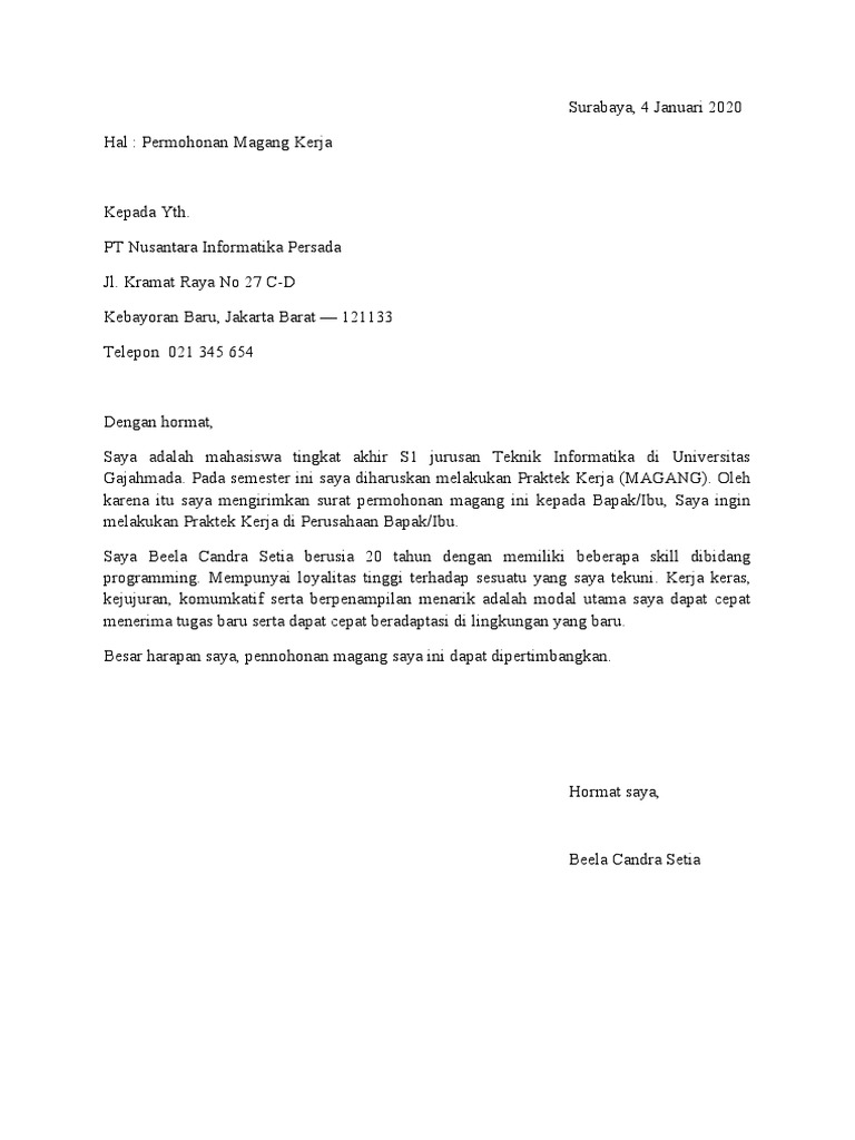 Contoh Surat Lamaran Kerja Untuk Magang | PDF