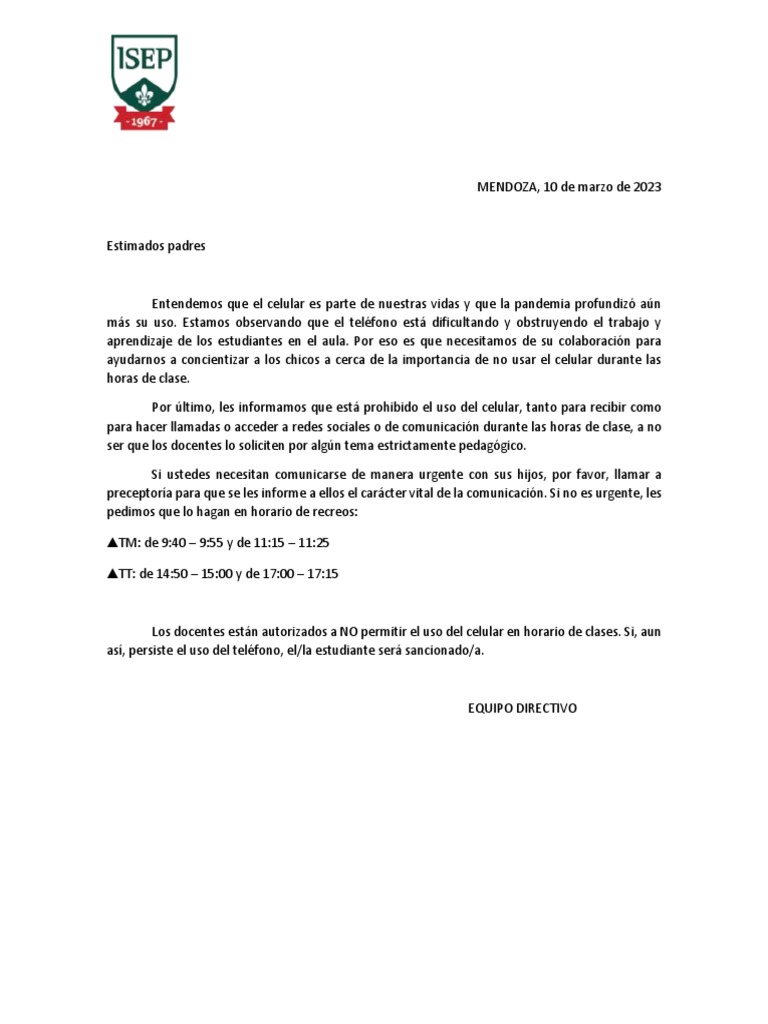 Comunicado Uso de Celular | PDF