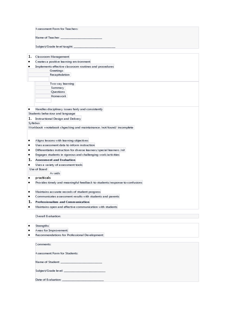 Teacher Assessment Form Template Pdf Educational Assessment Teaching