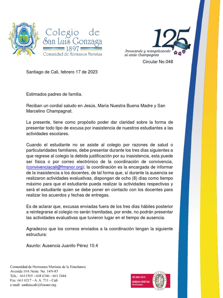 Circular 048 Excusas Por Inasistencia - Coordinacion de Convivencia | PDF