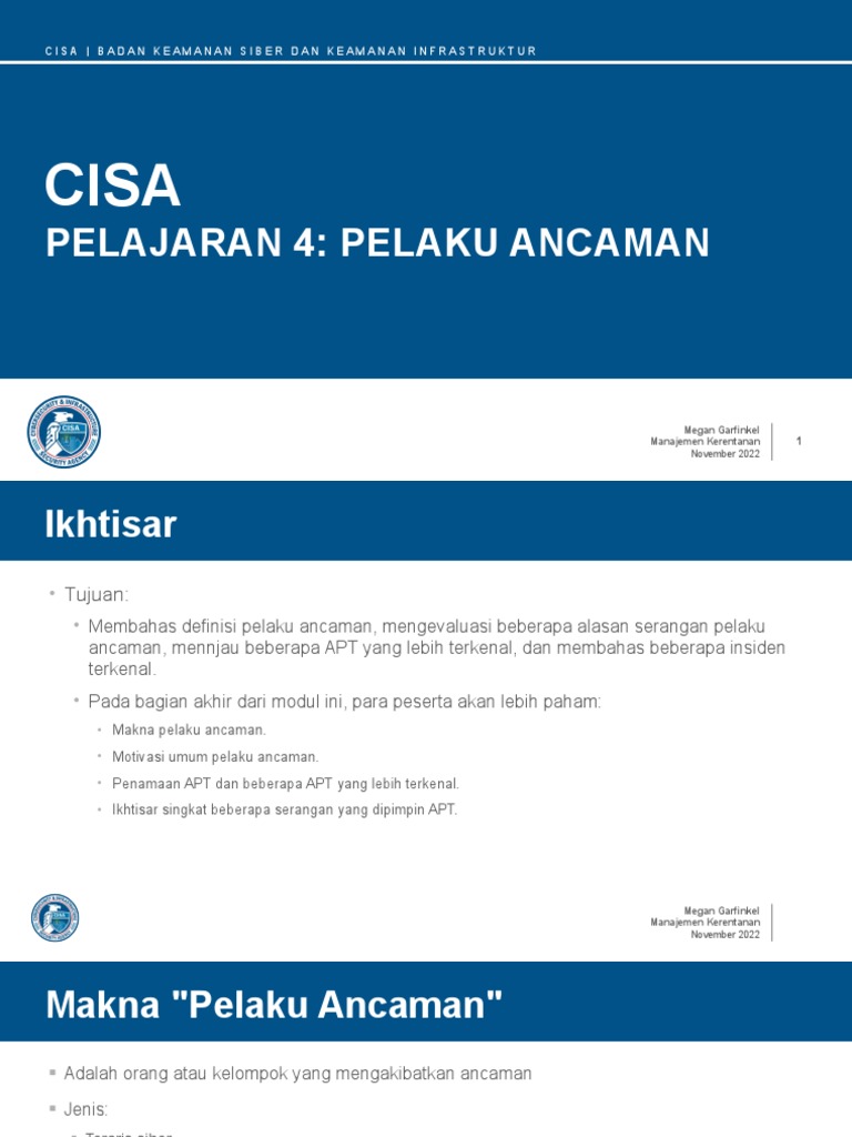 Pelajaran 4: Pelaku Ancaman: Cisa - Badan Keamanan Siber Dan Keamanan Infrastruktur | PDF