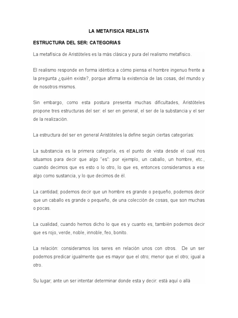 Metafisica Realista | PDF | Aristóteles | Teoría de sustancias