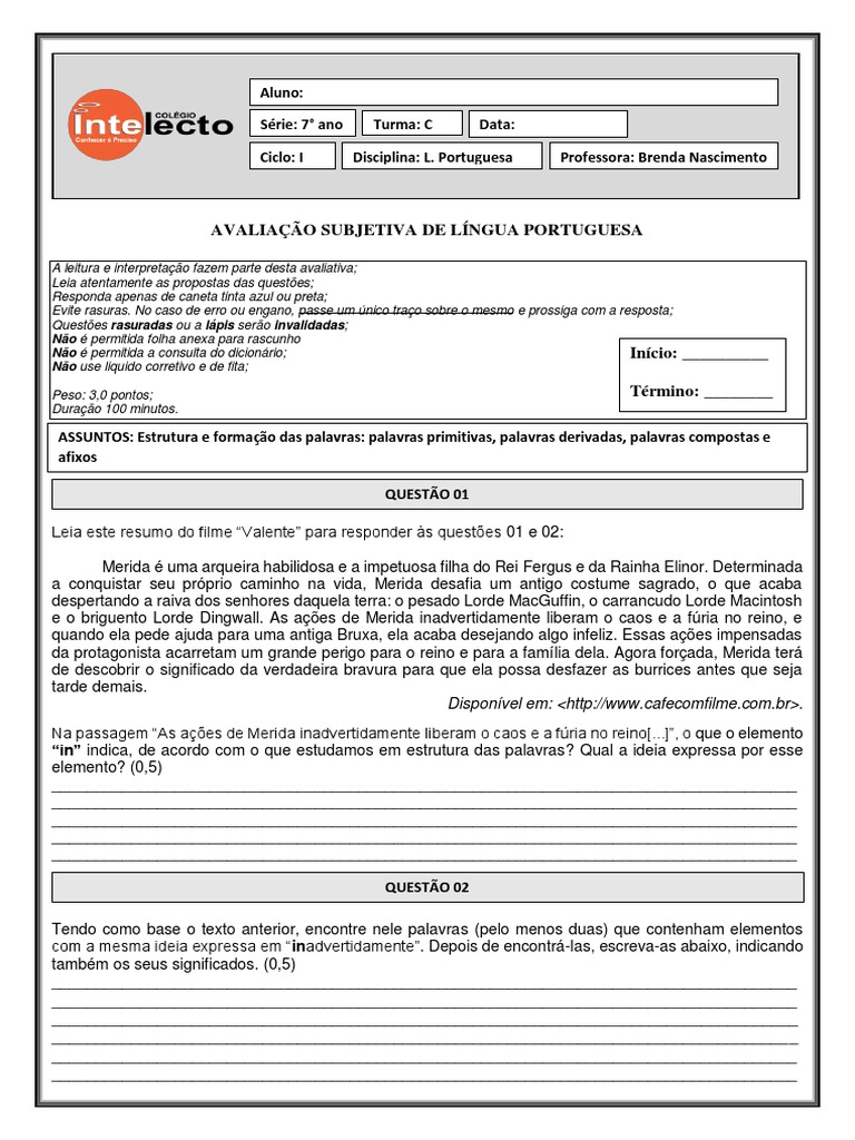 Avaliação Subjetiva - Língua Portuguesa - 7°c | PDF | Linguística