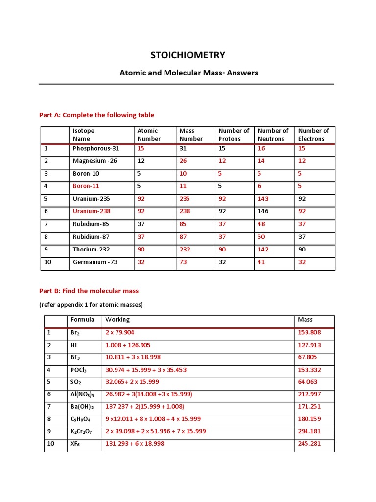 Stoichiometry Atomic and Molecular Mass Worksheet - Answer | PDF ...