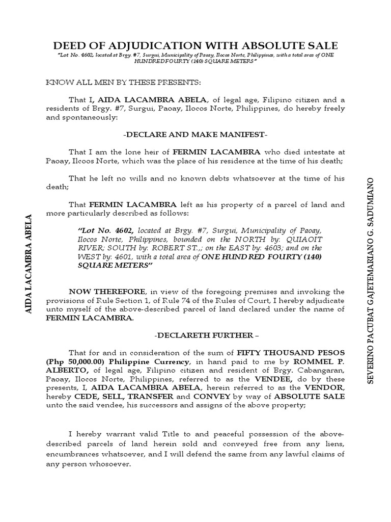 Deed of Adjudication With Absolute Sale - Fermin | PDF | Civil Law ...
