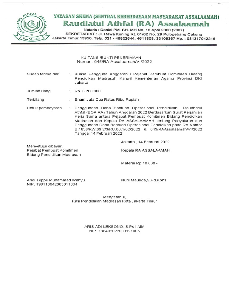 BOP-09 Kuitansi Penerimaan BOP RA Ok | PDF