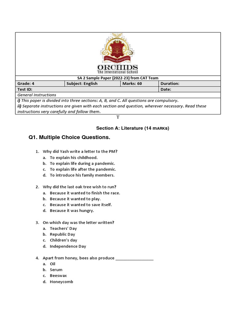 Q1. Multiple Choice Questions.: Grade: 4 Subject: English Marks: 60 ...