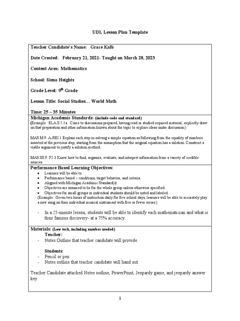 Lan335 Udl Lesson Plan Intergrated Lesson - Final | PDF | Educational ...