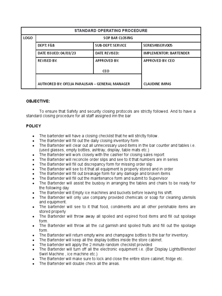 Bar Closing Standard Operating Procedure | PDF | Cooking, Food & Wine ...