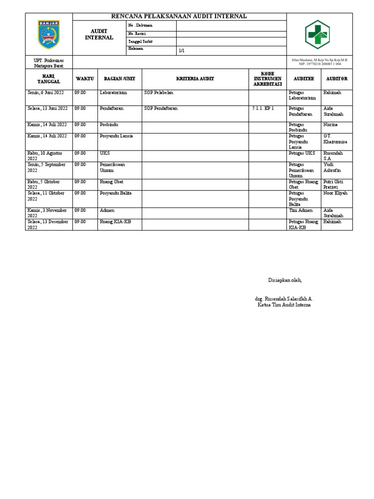 FM-MR-02-02 Rencana Pelaksanaan Audit Internal | PDF