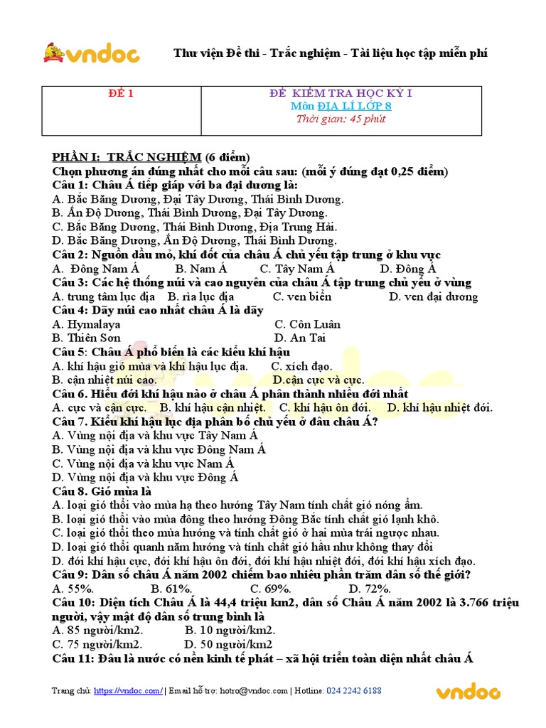 20 de Thi Hoc Ki 1 Lop 8 Mon Dia Ly | PDF