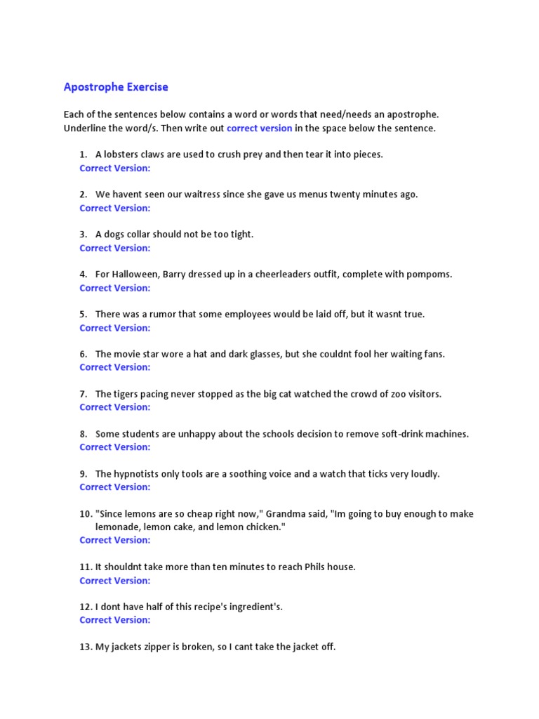 Apostrophe Exercise | PDF